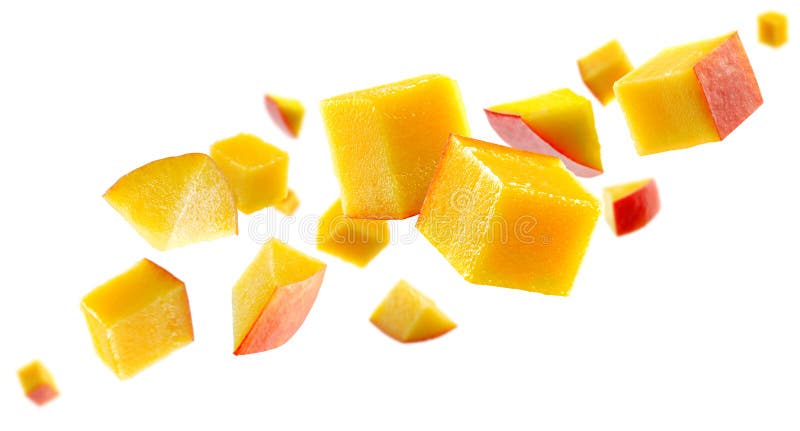 Mango Cubes Fly and Levitate in Space. Volumetric Light from Behind ...