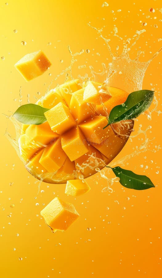 Mango Cubes are Flying through the Air, Creating Splashes of Water ...