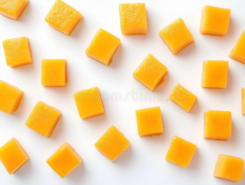 Mango Cubes, Scattered, White Background, Food Photography Stock ...