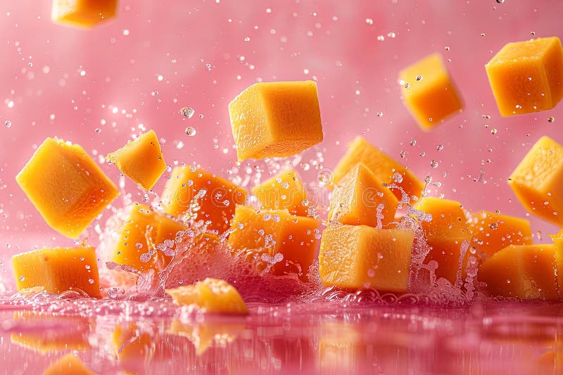 Ripe Mango Cubes Falling into Water with a Pink Background. Generative ...