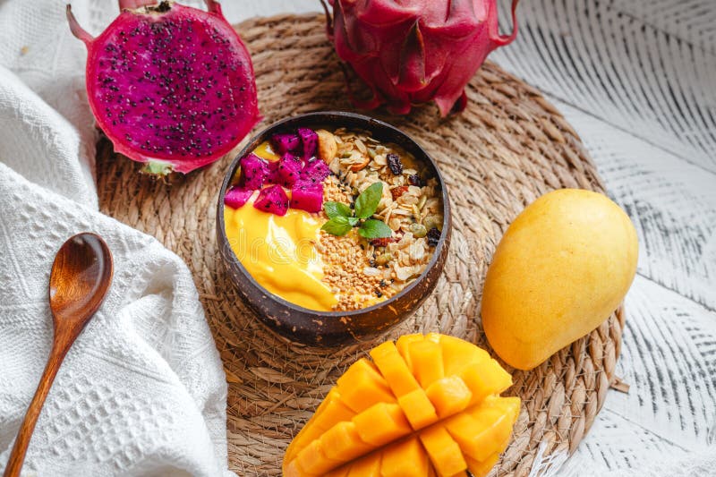 Mango and Dragon Fruit Smoothie Bowl Stock Photo - Image of homemade ...
