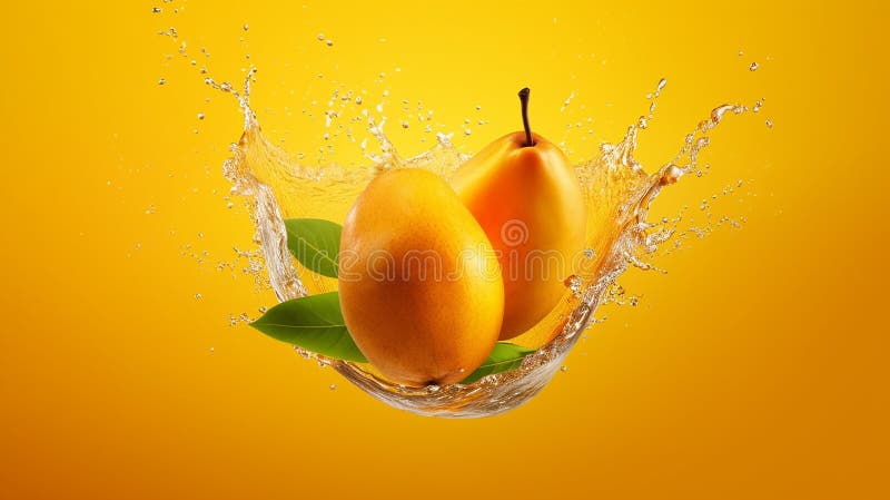 Mango Dropped on the Yellow Water Surface with Mango Slice and Water ...