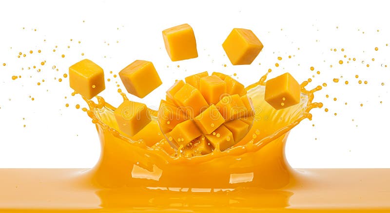 Mango Explosion Mango Chunks Falling into Splashing Juice on White ...