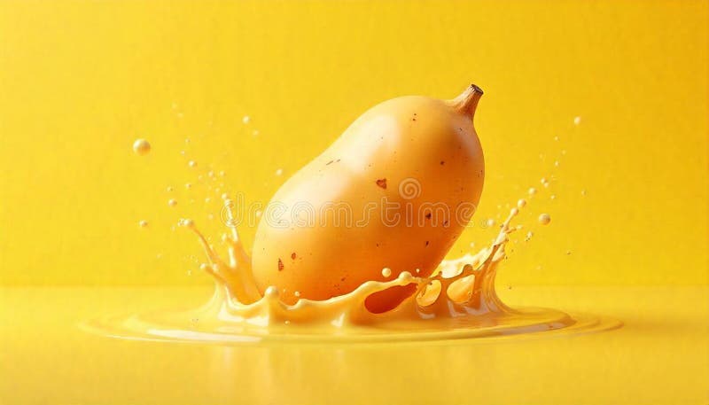 Mango Falling into Liquid Splash on Yellow Background Stock ...