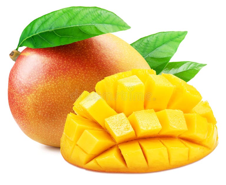 Mango Fruit with Green Leaf and Mango Cut in Hedgehog Style Isolated on ...