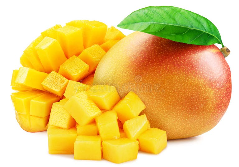 Mango Fruit with Green Leaf and Mango Cut in Hedgehog Style Isolated on ...