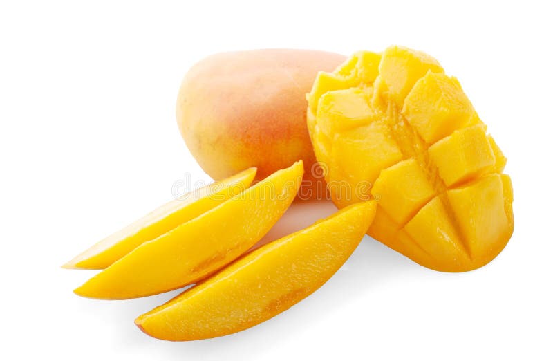 Mango Fruit with Mango Cubes and Leaves Isolated on a White Background ...