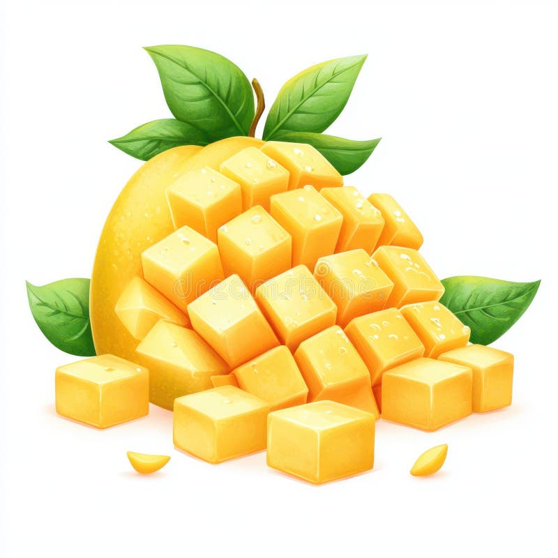 Mango Fruit with Mango Cubes and Slices Isolated on Transparent ...