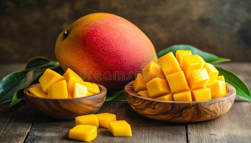 Mango Fruit and Mango Cubes on the Wooden Table Stock Photo - Image of ...