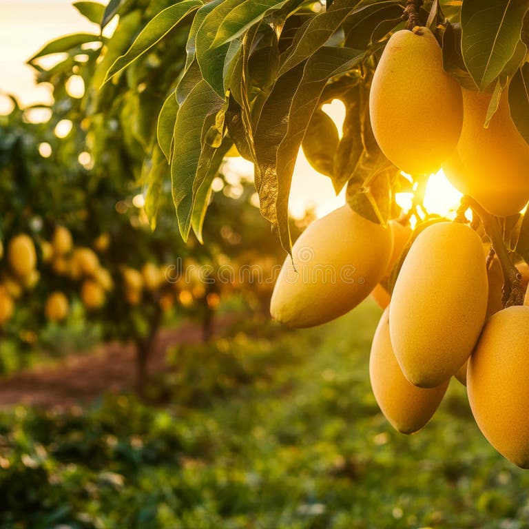 Mango Fruit on Mango Tree in the Orchard at Sunset. Stock Illustration ...