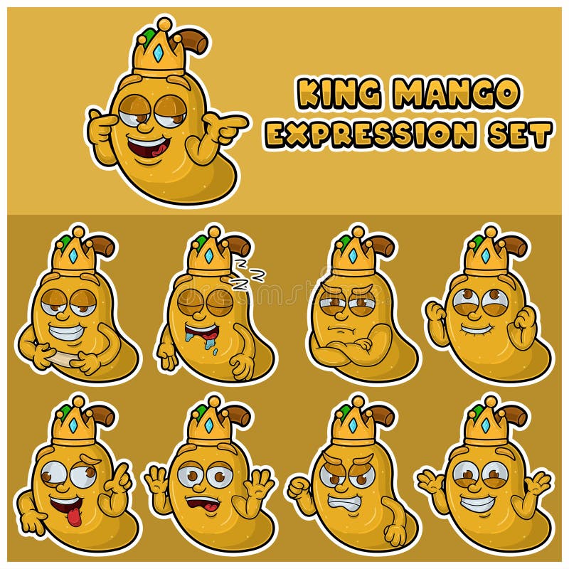 Mango Fruit Mascot Character Cartoon with Crown and Face Expression Set ...