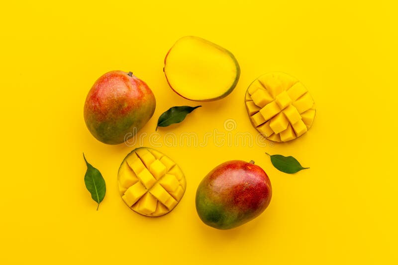 Mango Fruit Slices and Cubes. Tropical Fruits Layout Stock Photo ...