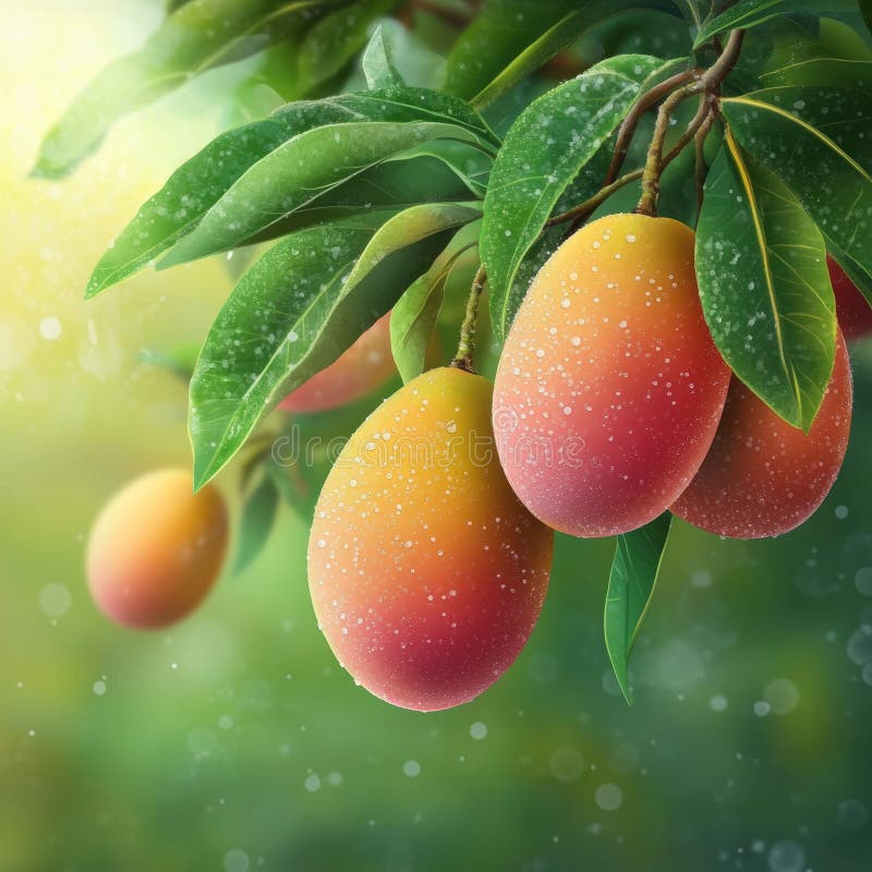 Mango Fruit on the Tree with Blurred Background. Vector Illustration ...