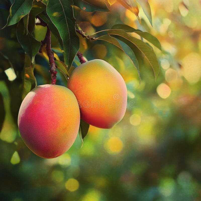Mango Fruit on the Tree with Bokeh Background. Vector Illustration ...