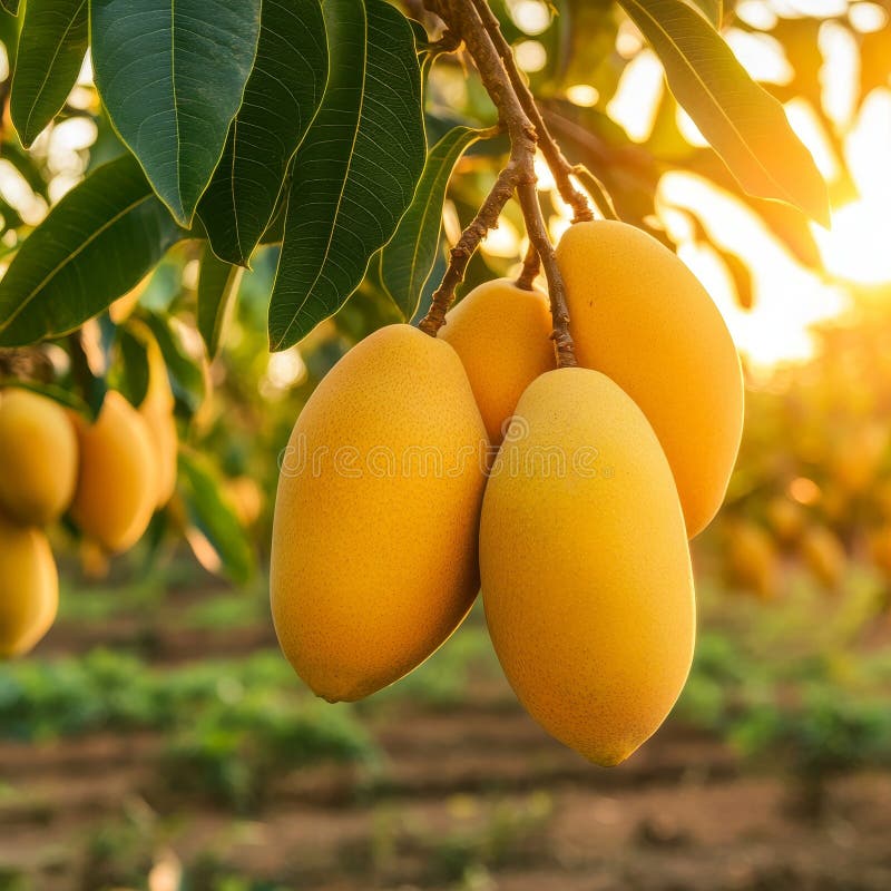 Mango Fruit on the Tree with Green Leaves in Sunset Light. Stock ...