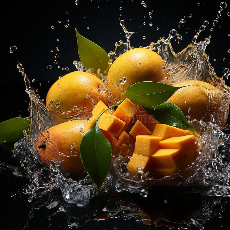 Mango Fruit with Water Splash on Black Background Stock Illustration ...