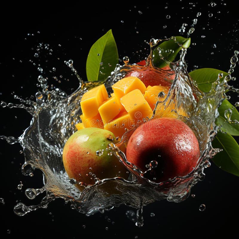 Mango Fruit with Water Splash on Black Background Stock Illustration ...