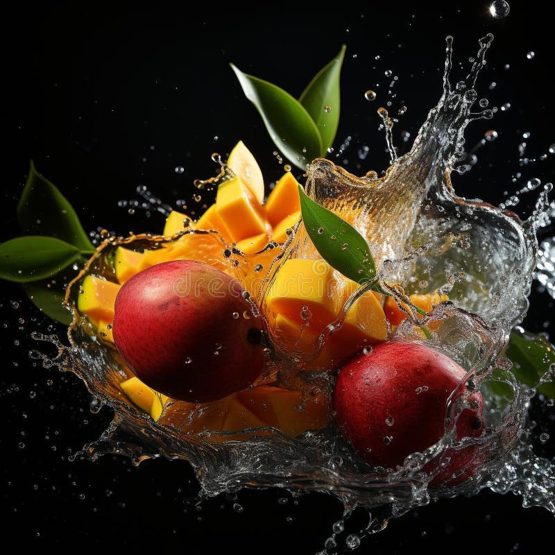 Mango Fruit with Water Splash on Black Background Stock Illustration ...