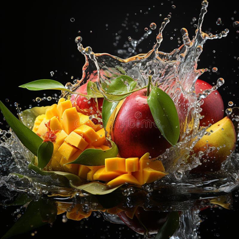 Mango Fruit with Water Splash on Black Background Stock Illustration ...