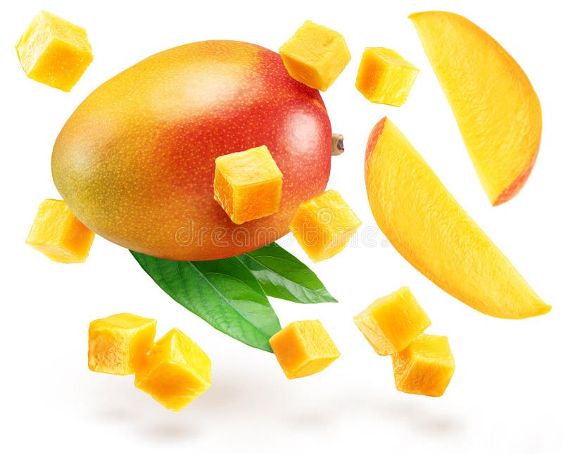 Mango Fruits and Mango Slices Levitating in Air on White Background ...
