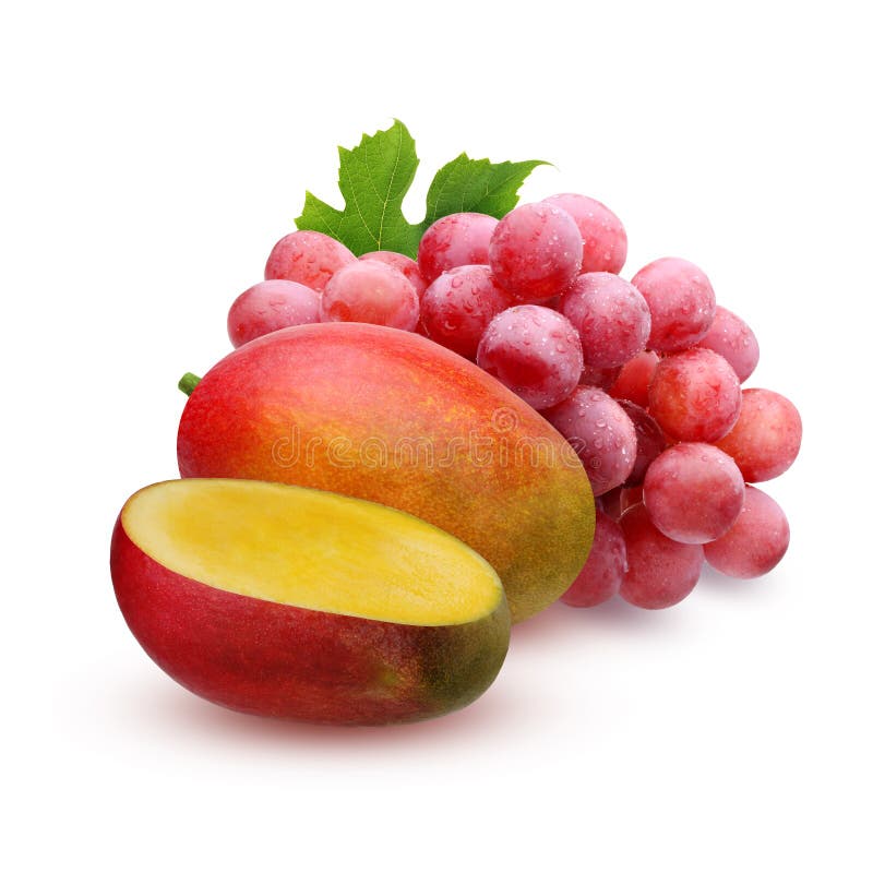 Ripe Mango and Grapes Isolated on White Background Stock Photo - Image ...
