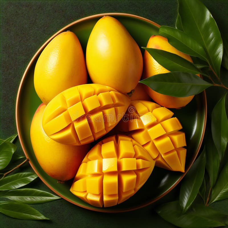 Mango on a Green Plate Covered with Leaves Stock Illustration ...
