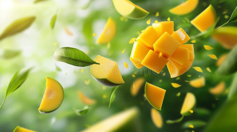 Mango with Half Slices Falling or Floating in the Air with Green Leaves ...