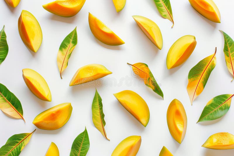Mango with Half Slices with Green Leaves Isolated on White Background ...