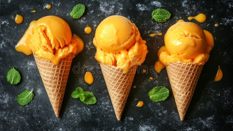 A Mango Ice Cream Cone is Melting on a Marble Surface Surrounded by ...