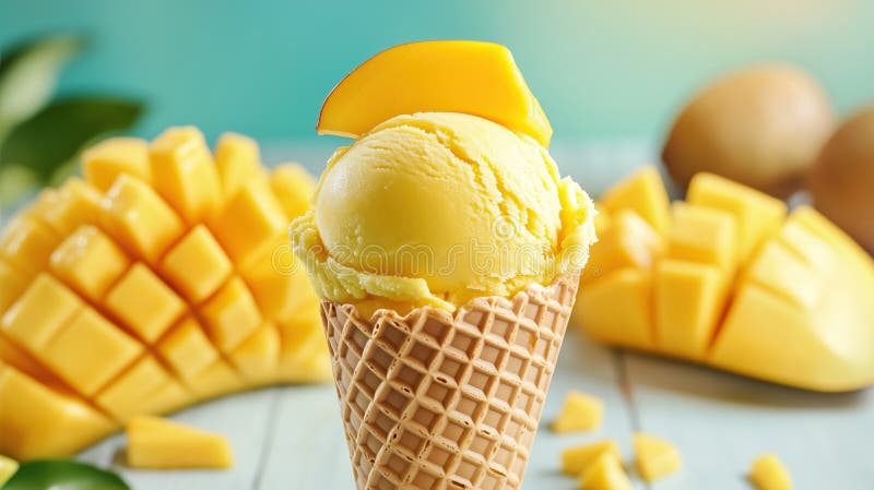 A Mango Ice Cream Cone with a Slice of Mango on Top Stock Image - Image ...