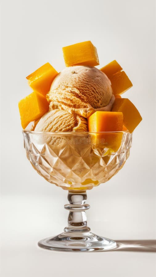 Mango Ice Cream in Crystal Glass Dish with Mango Chunks on White ...