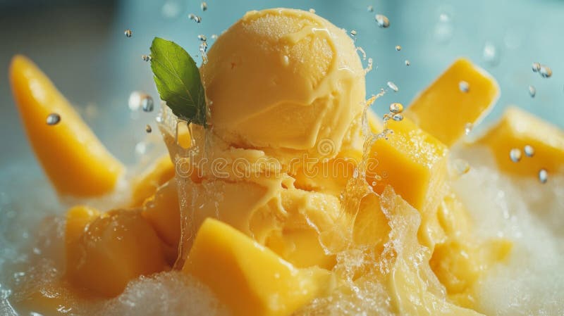 Mango Ice Cream with Fresh Mango Chunks and Mint Stock Illustration ...