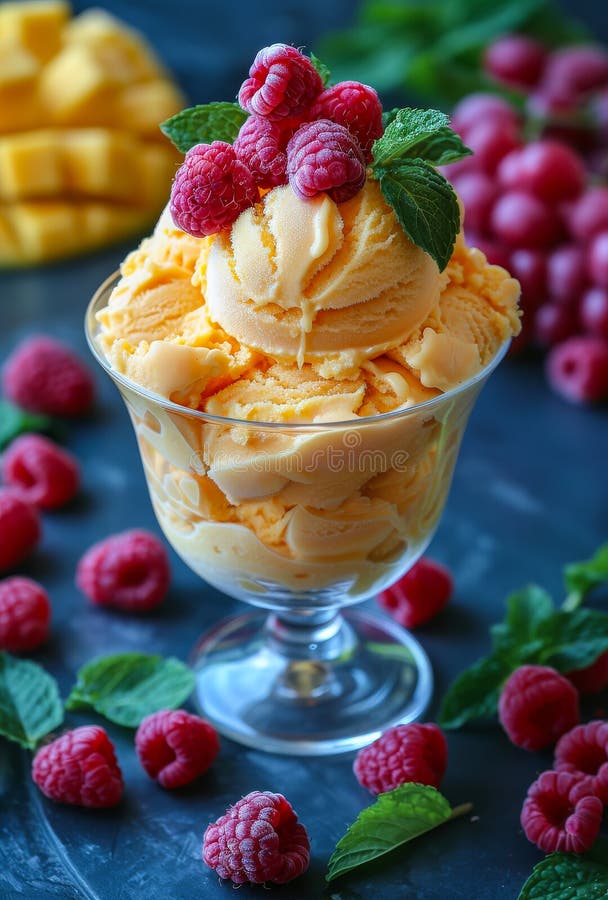 Mango Ice Cream with Fresh Raspberries and Mint in Glass Bowl Stock ...