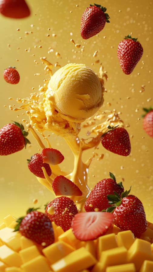 Mango Ice Cream Scoop with Falling Strawberries on Warm Background ...