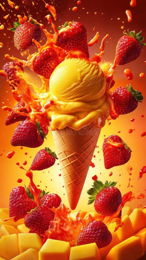 Mango Ice Cream Scoop with Falling Strawberries on Warm Background ...