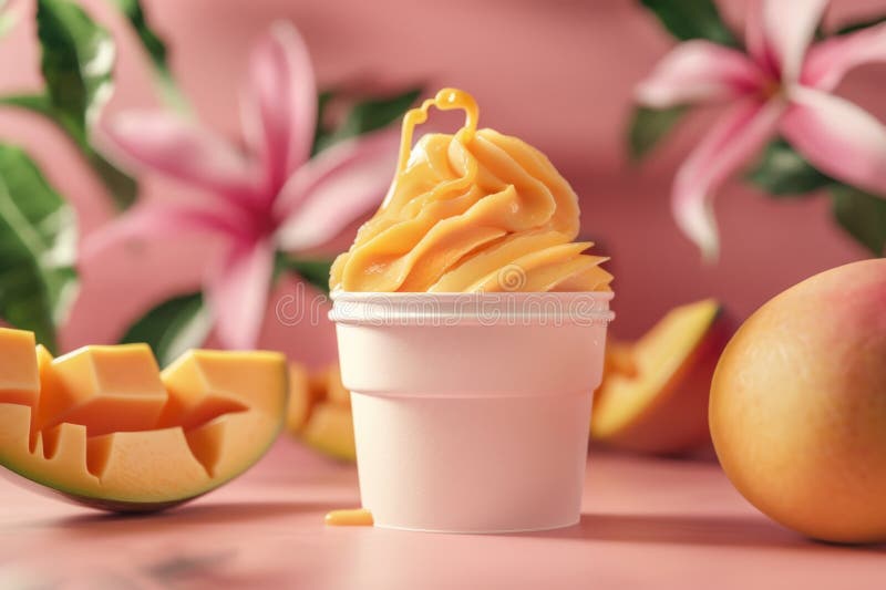 Mango Ice Cream Scoops in a Cup with Fresh Mango Pieces and Vibrant ...