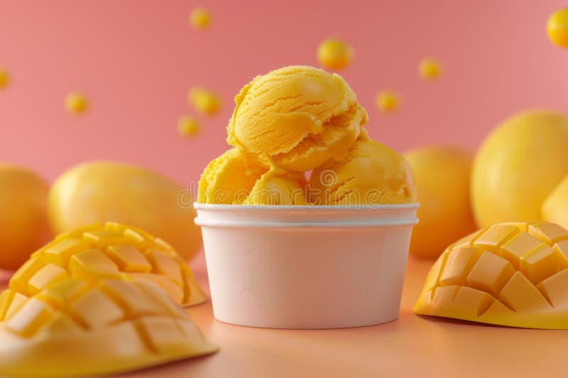 Mango Ice Cream Scoops in a Cup with Fresh Mango Pieces and Vibrant ...