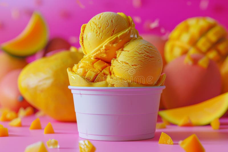 Mango Ice Cream Scoops in a Cup with Fresh Mango Pieces and Vibrant ...