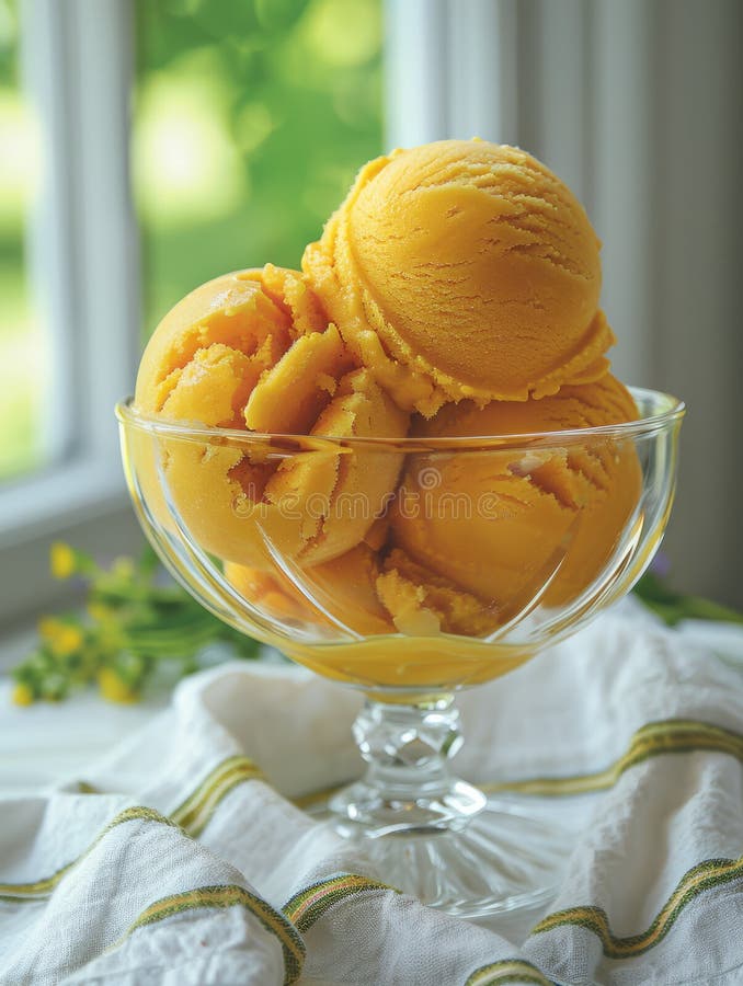 Mango Ice Cream Scoops in a Glass Bowl on a Table. Stock Photo - Image ...