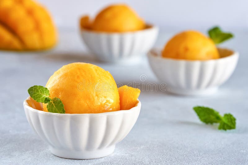 Mango Ice Cream Sorbet with Mint Leaves and Mango Fruit Stock Image ...