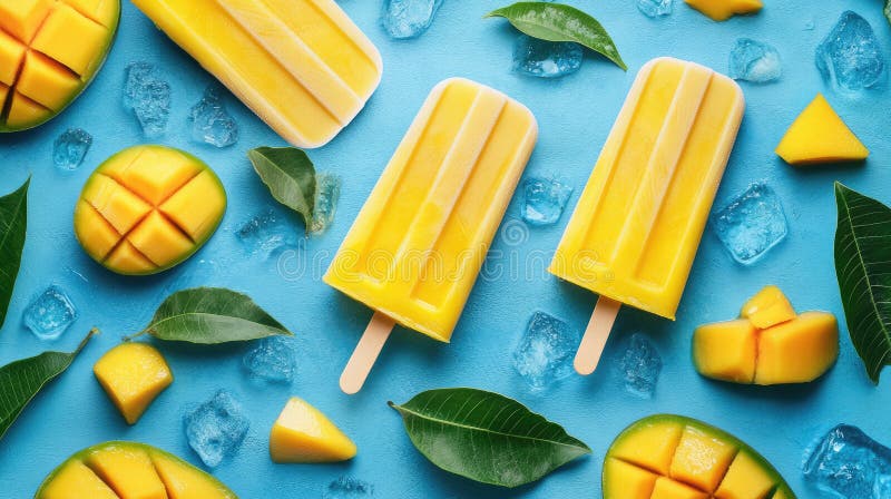 Mango Ice Cream on a Stick. Flat Lay Composition Stock Illustration ...