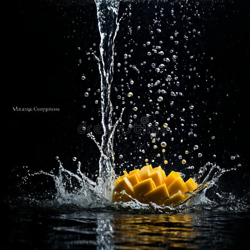 Splash Water Mango Dropping Down a Waterfall of Water Droplets Creating ...