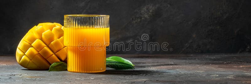 Mango Juice with Fresh Tropical Fruit on a Dark Background. Long Banner ...