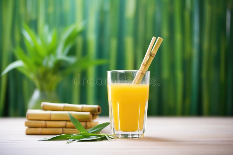 Mango Juice in Glass with Bamboo Straw, Tropical Leaves Backdrop Stock ...