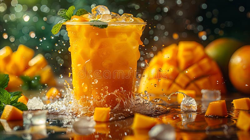 Mango Juice with Ice and Water Splashing Stock Photo - Image of citrus ...