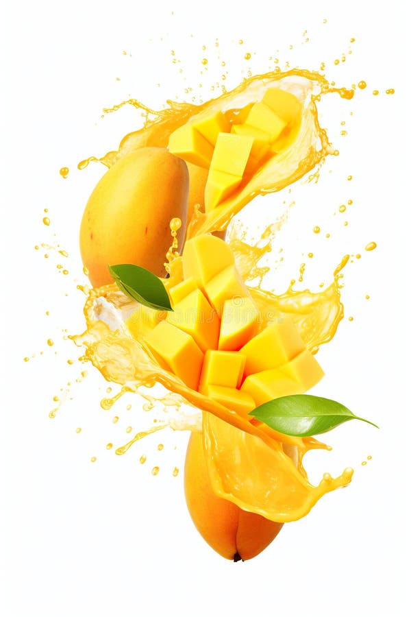 Mango Juice and Pieces of Fruit Falling on White Background with a ...