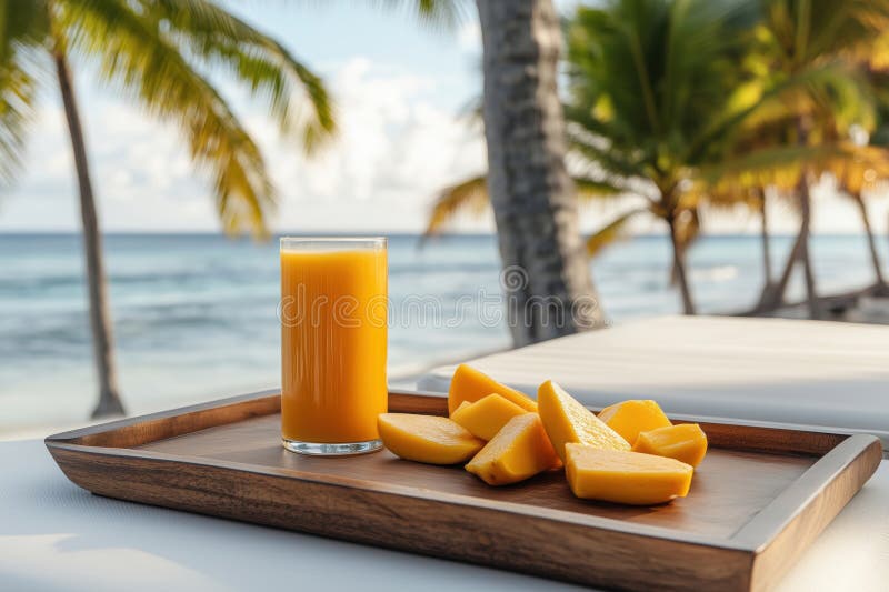 Mango and Mango Juice Served on a Wooden Tray on the Beach. Stock ...