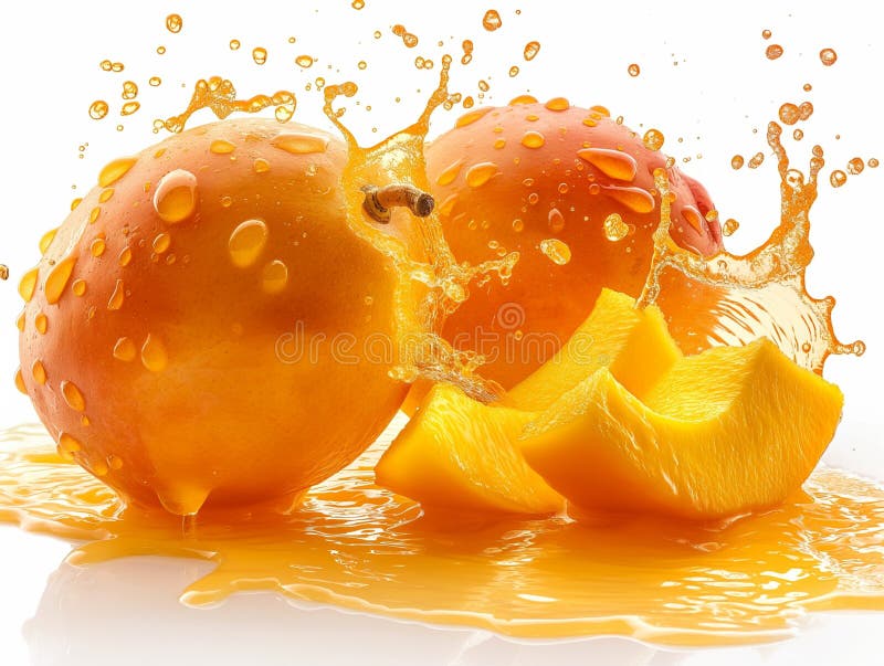 Mango Juice Splashes from a Mango, Splashes of Mango Juice on White ...