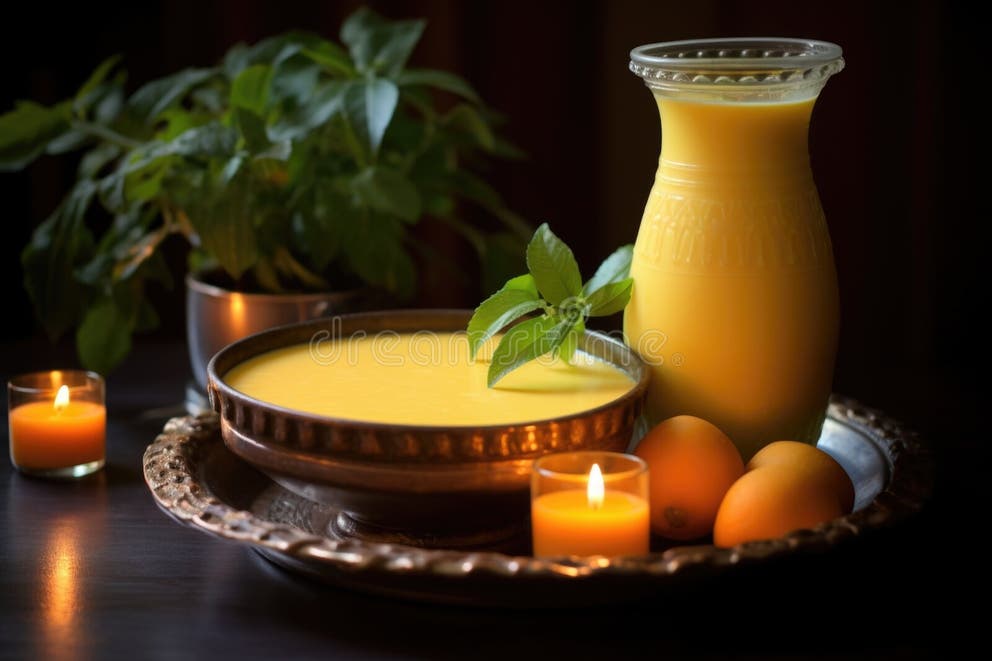 Mango Lassi in Clay Pot, Illuminated by Diyas Stock Photo - Image of ...