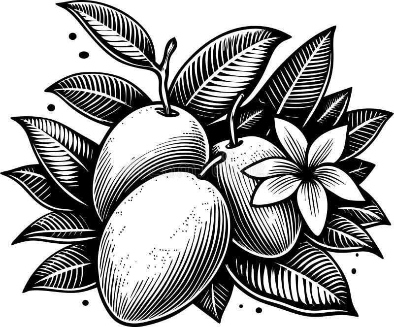Mango with Leaves Ink Vector Sketch. Black Illustration, Etching ...